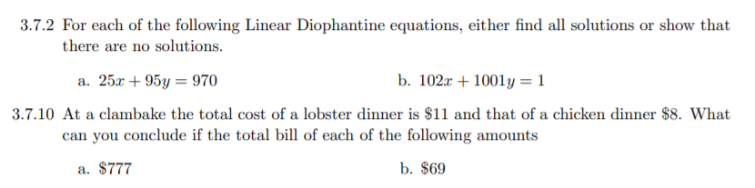 Solved 3.7.2 For each of the following Linear Diophantine | Chegg.com