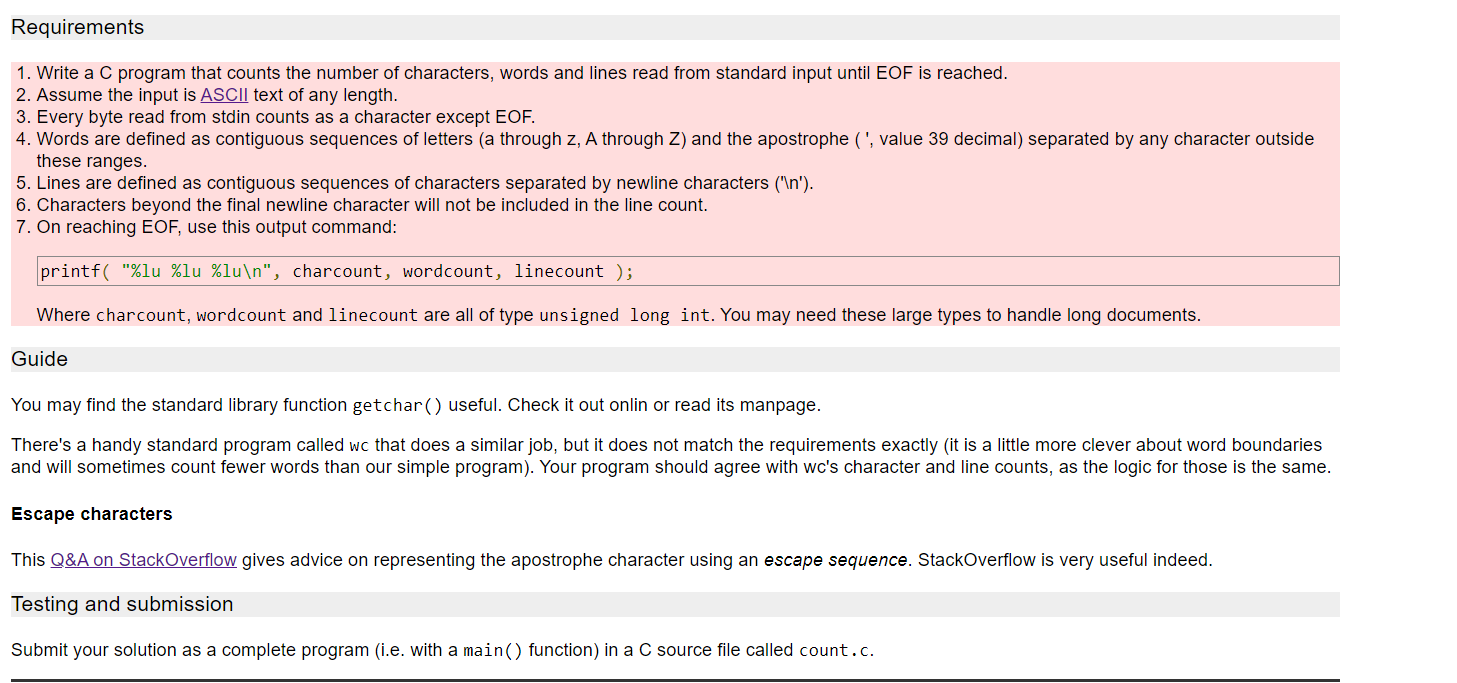 Solved Requirements 1. Write a C program that counts the | Chegg.com