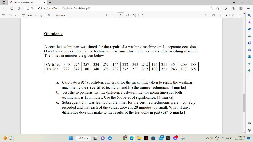 Solved A certified technician was timed for the repair of a | Chegg.com