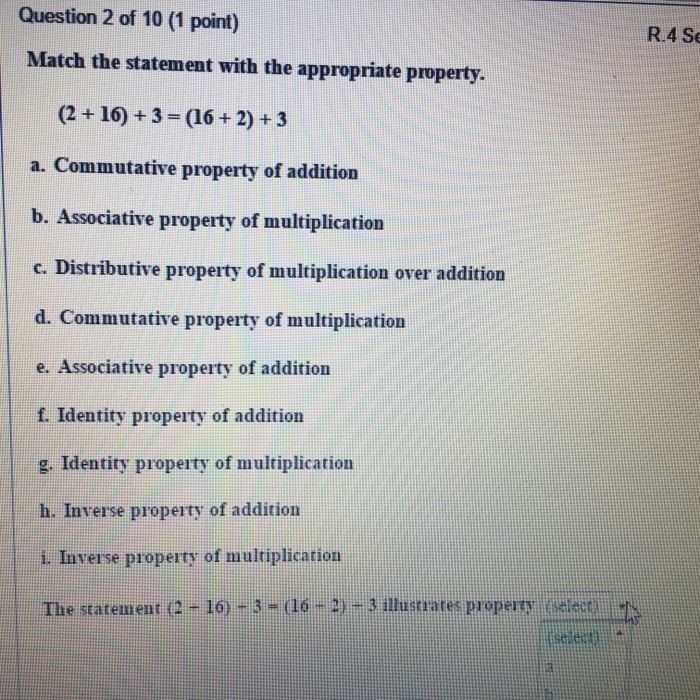 Solved Match the statement with the appropriate property. (2 | Chegg.com