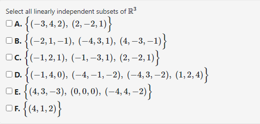 Select all linearly independent subsets | Chegg.com