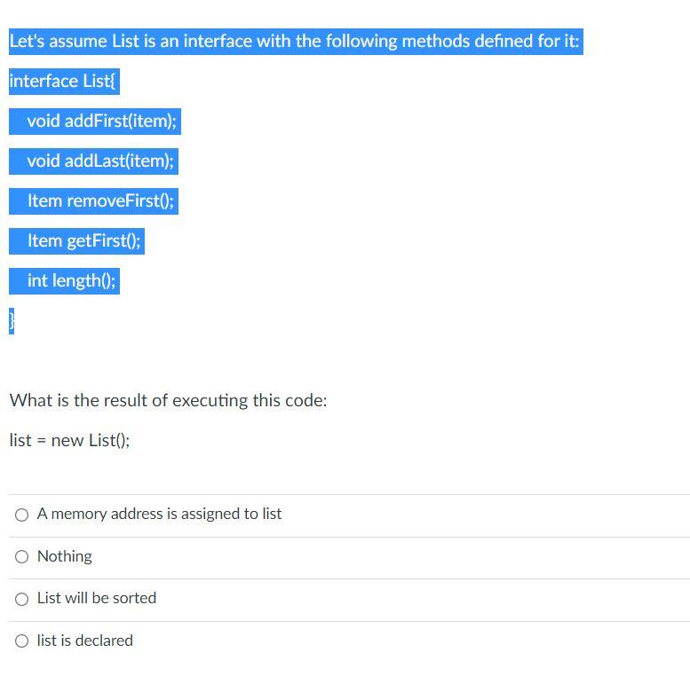 Solved Let's assume List is an interface with the following | Chegg.com