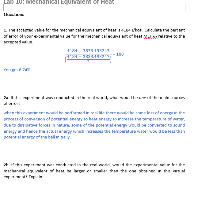 Solved Lab 10: Mechanical Equivalent of Heat Name: | Chegg.com