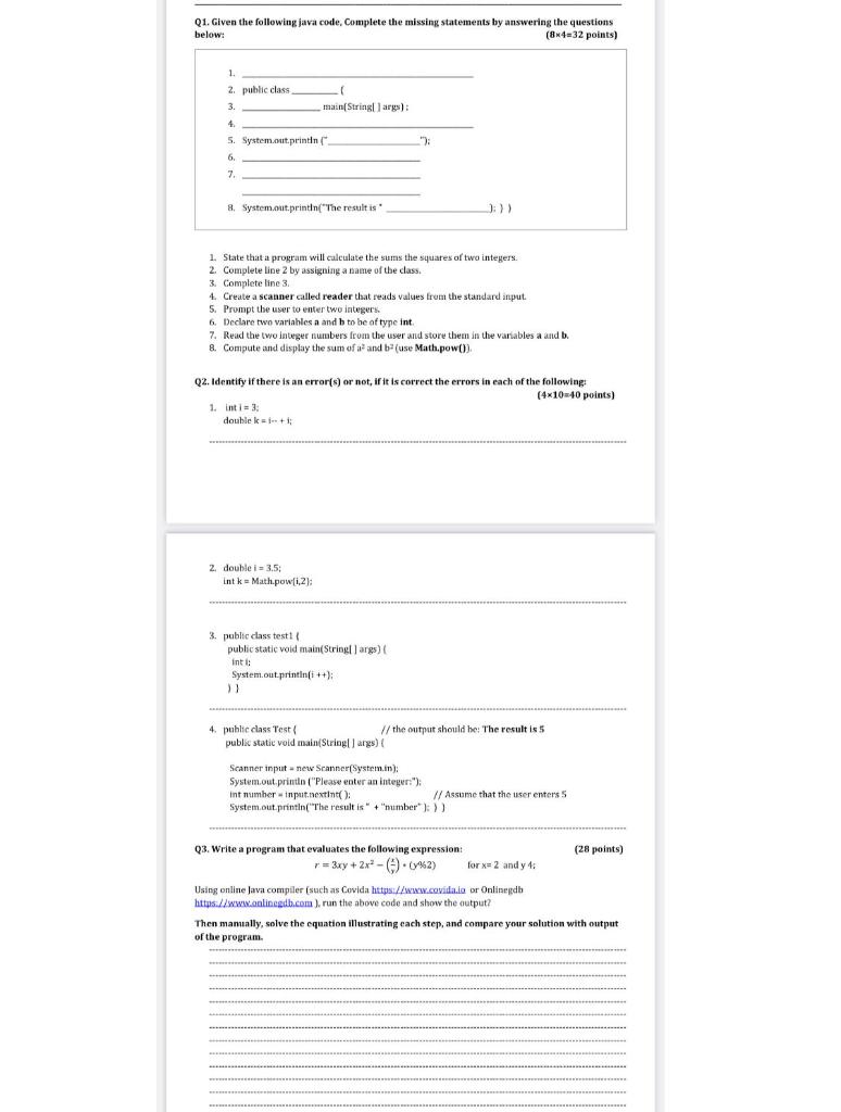 Solved Q1. Given the following java code. Complete the | Chegg.com