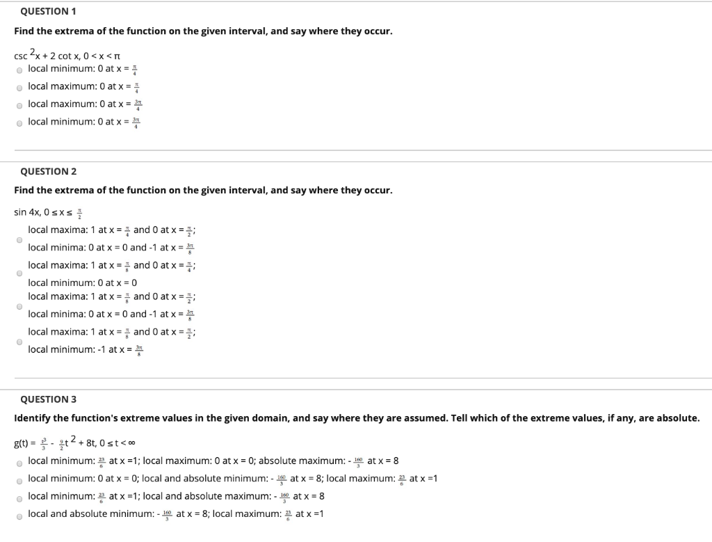 Solved QUESTION 1 Find the extrema of the function on the | Chegg.com