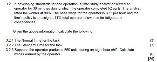 Solved 3.2 In developing standards for one operation, a | Chegg.com