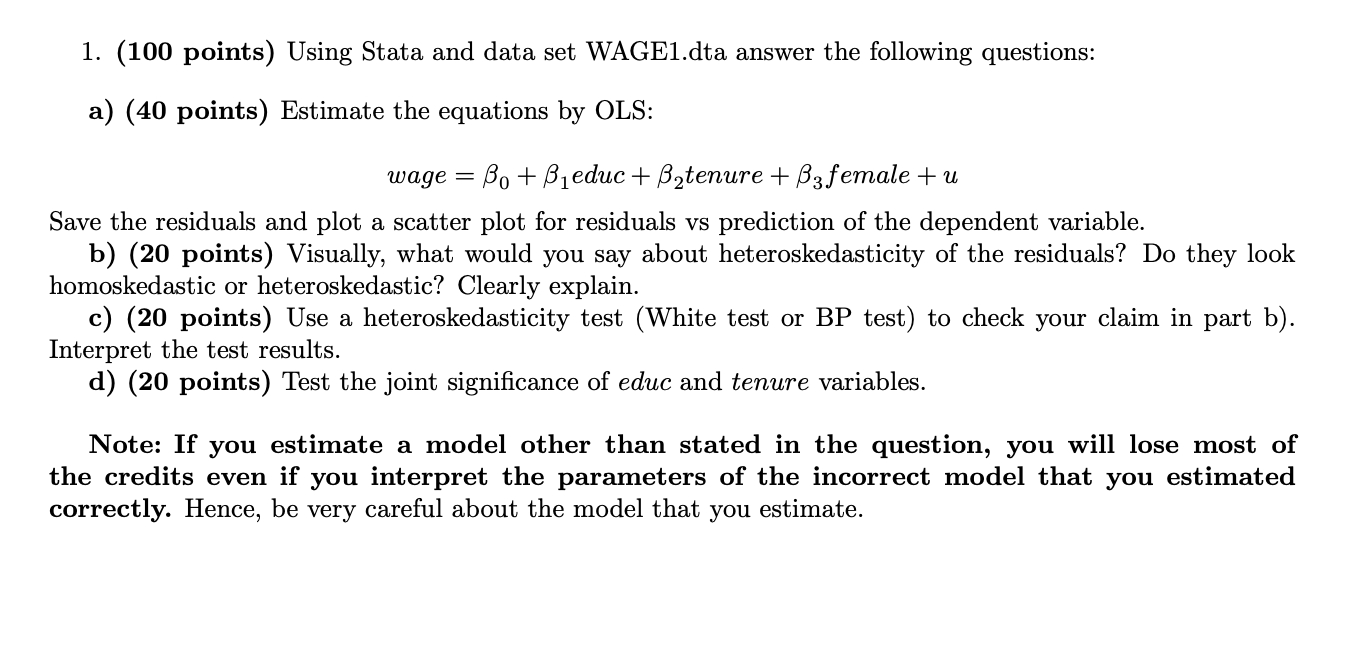 1. (100 points) Using Stata and data set WAGE1.dta | Chegg.com
