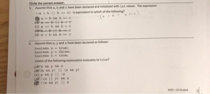 Solved Circle the correct answer. 5. Assume that a, b and c | Chegg.com