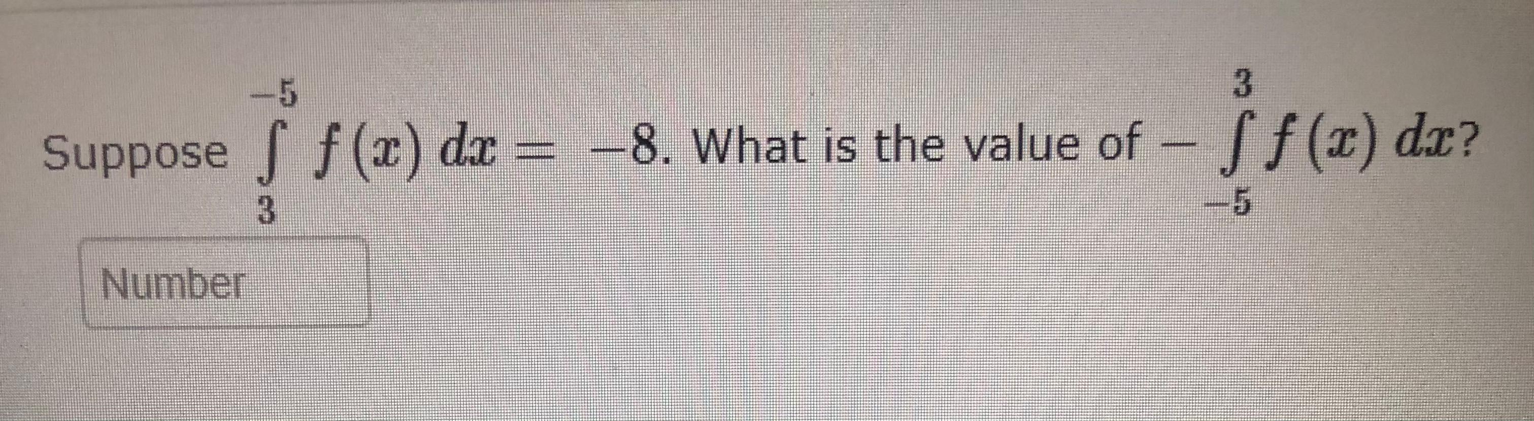 Solved Suppose f (x) dx = -8. What is the value of – S f (x) | Chegg.com