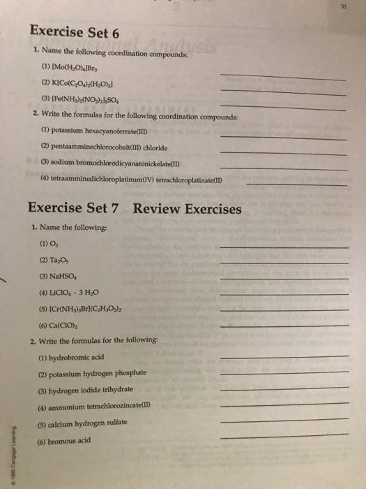 Solved Exercise Set 6 1. Name the following coordination | Chegg.com