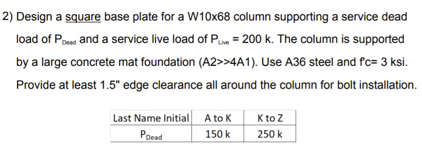Solved 2) Design a square base plate for a W10x68 column | Chegg.com