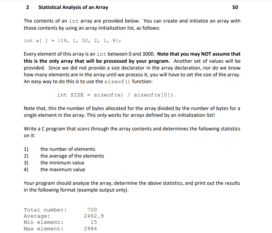 Solved 2 Statistical Analysis Of An Array 50 The Contents Of 
