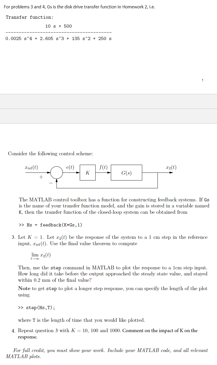Solved Consider the following control scheme:JThe MATLAB | Chegg.com