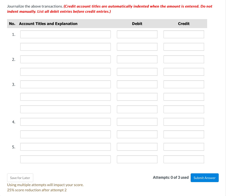 Solved Journalize the above transactions. (Credit account | Chegg.com