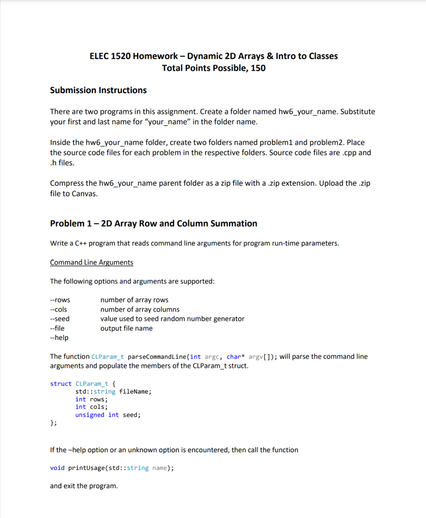 ELEC 1520 Homework – Dynamic 2D Arrays & Intro to | Chegg.com