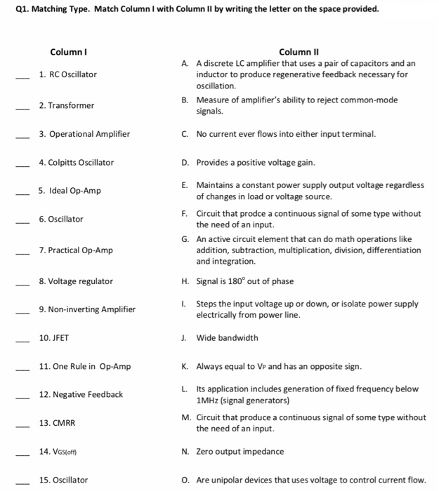 Solved Q1. Matching Type. Match Column I with Column II by | Chegg.com
