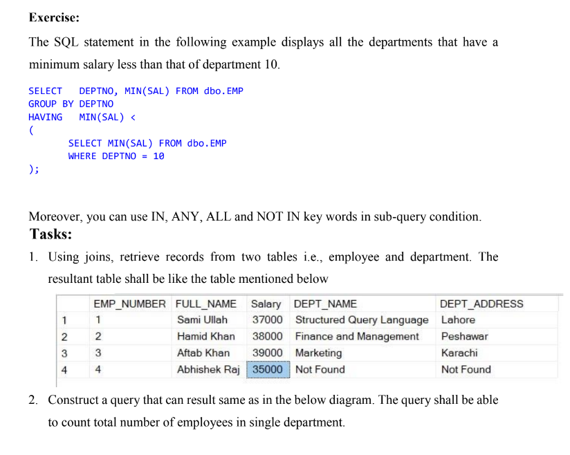 Solved Exercise: The SQL statement in the following example | Chegg.com