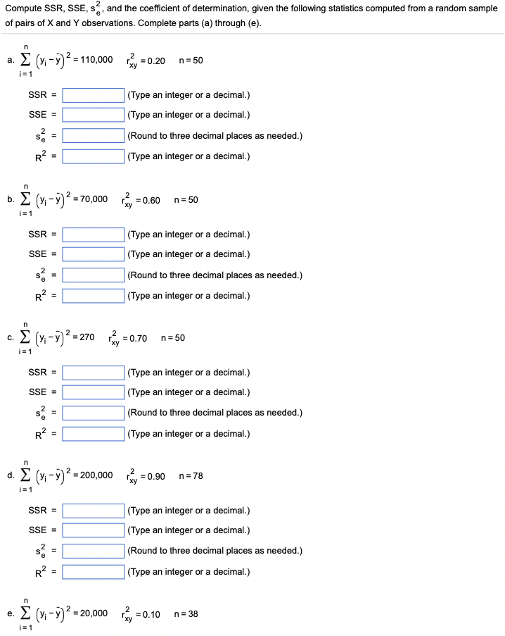 Solved Compute Ssr Sse S And The Coefficient Of