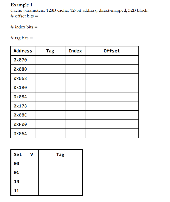 Solved Example 1 Cache parameters: 128B cache, 12-bit | Chegg.com