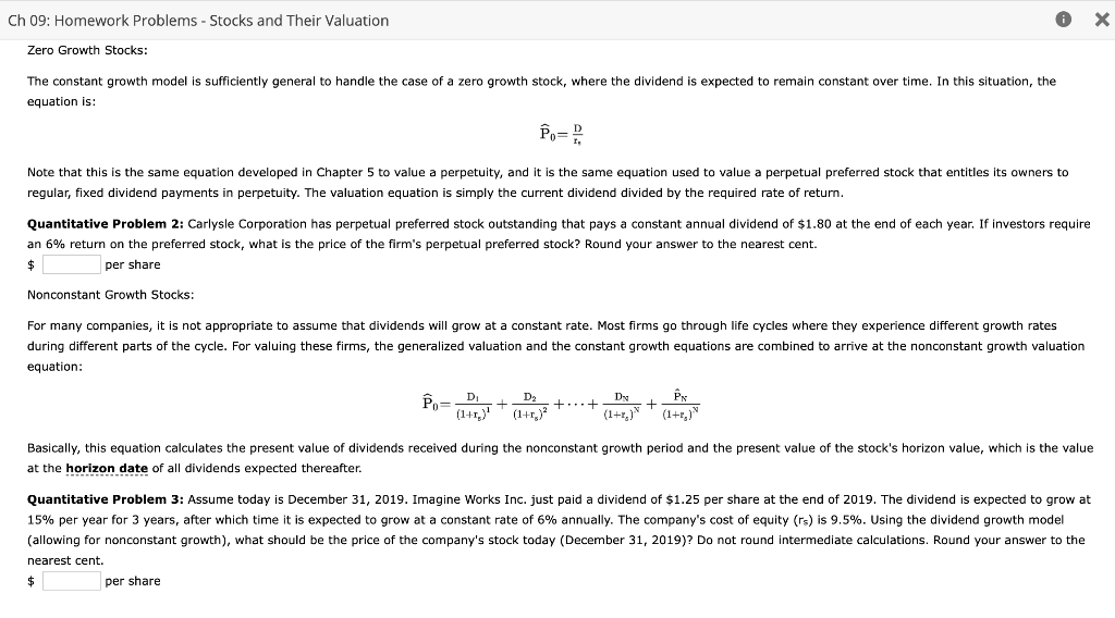 Solved Ch 09: Homework Problems - Stocks and Their Valuation | Chegg.com
