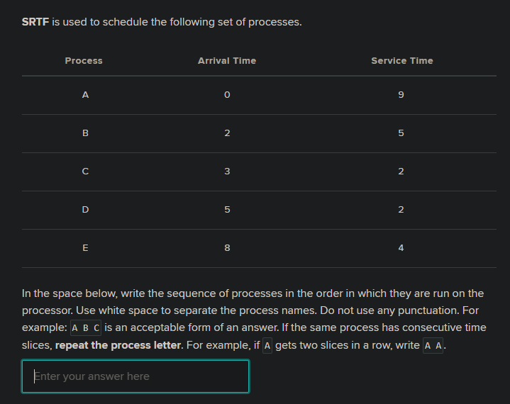 Solved SRTF is used to schedule the following set of | Chegg.com