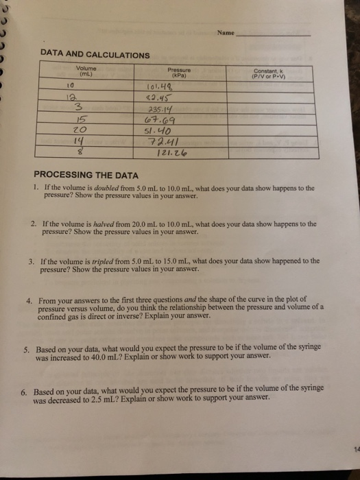 Solved Name DATA AND CALCULATIONS Volume (mL) Pressure (kPa) | Chegg.com