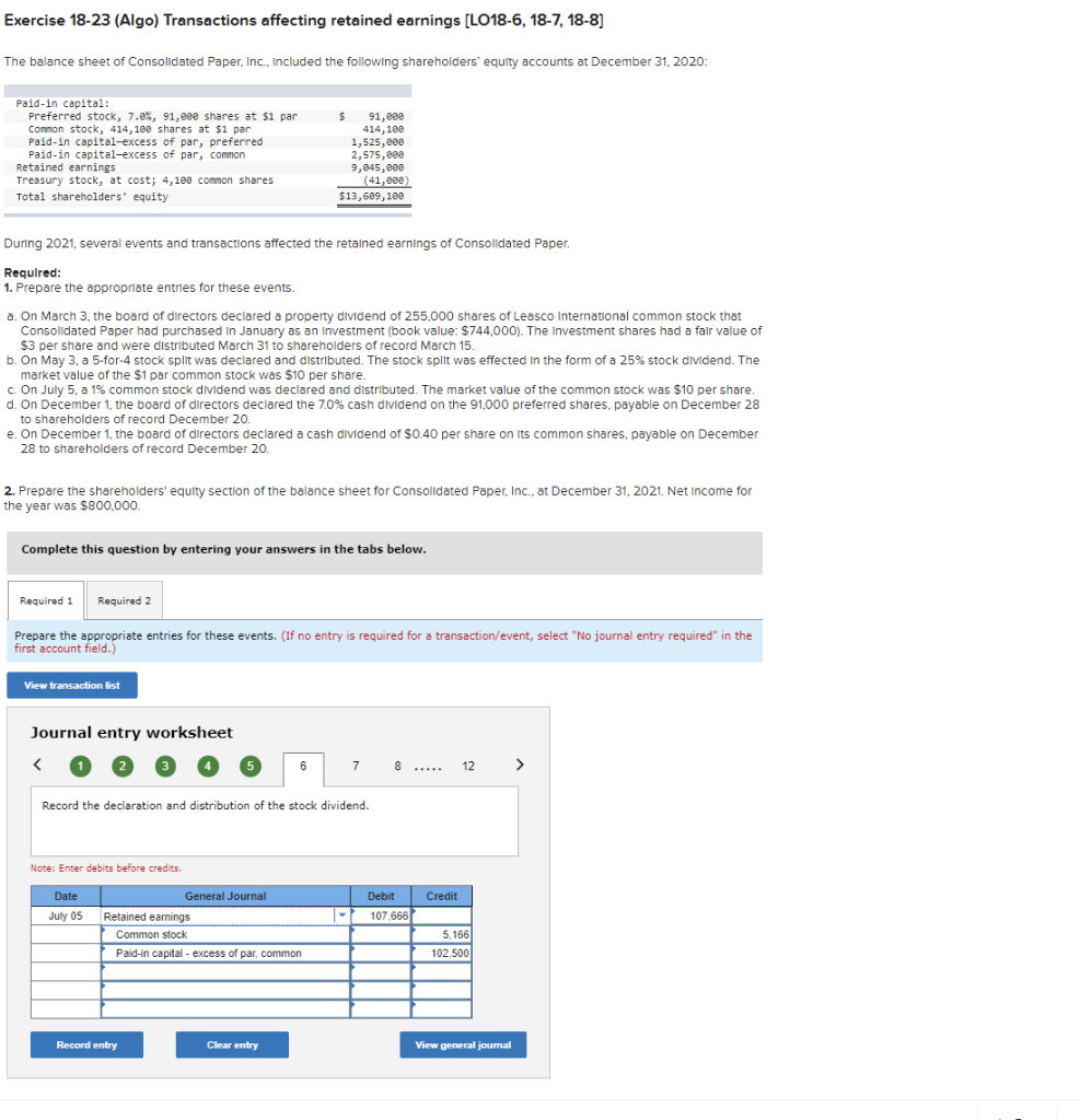 Solved Exercise 18-23 (Algo) Transactions affecting retained | Chegg.com