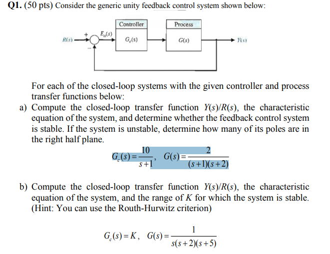 Solved Q1. (50 pts) Consider the generic unity feedback | Chegg.com