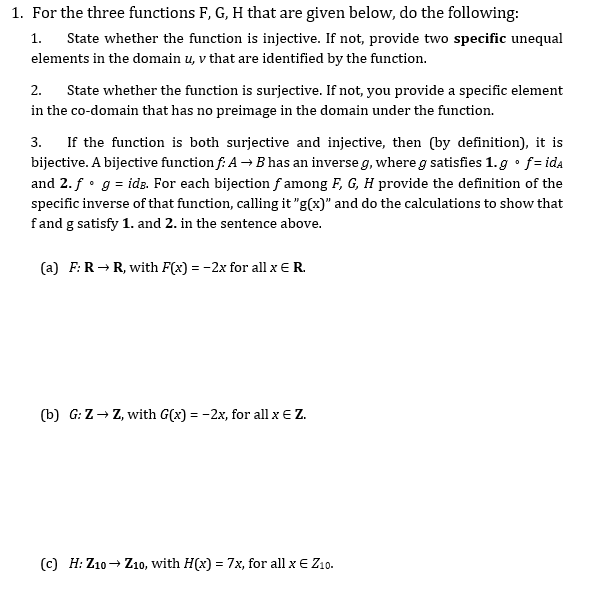 Solved For the three functions F,G,H that are given below, | Chegg.com