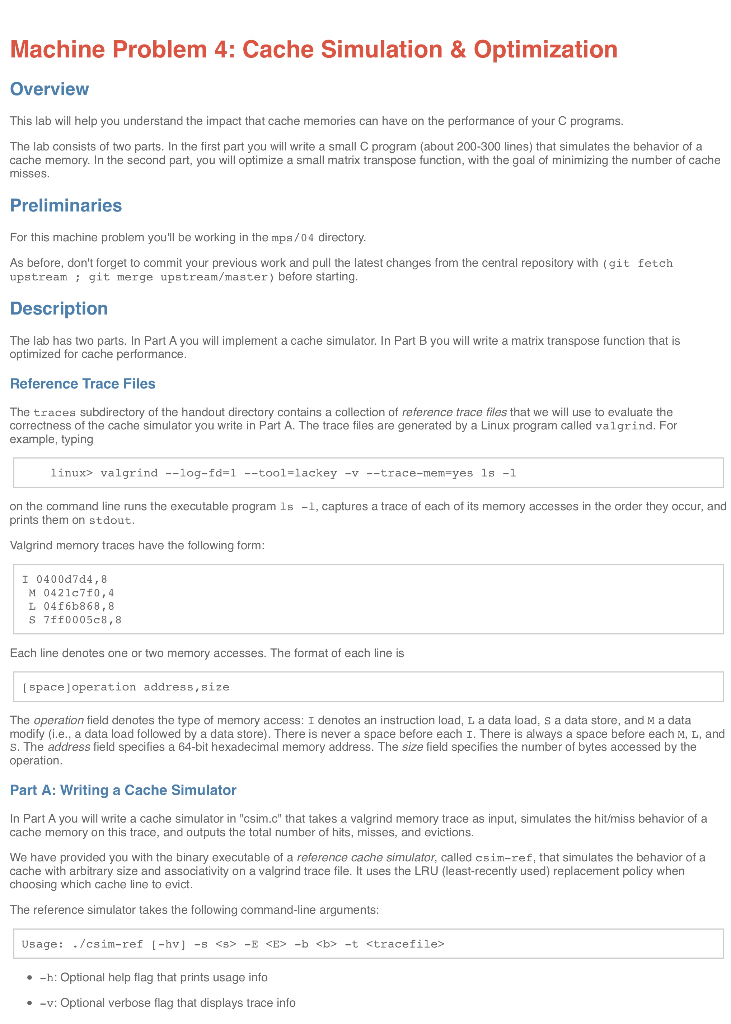 Machine Problem 4: Cache Simulation & Optimization | Chegg.com