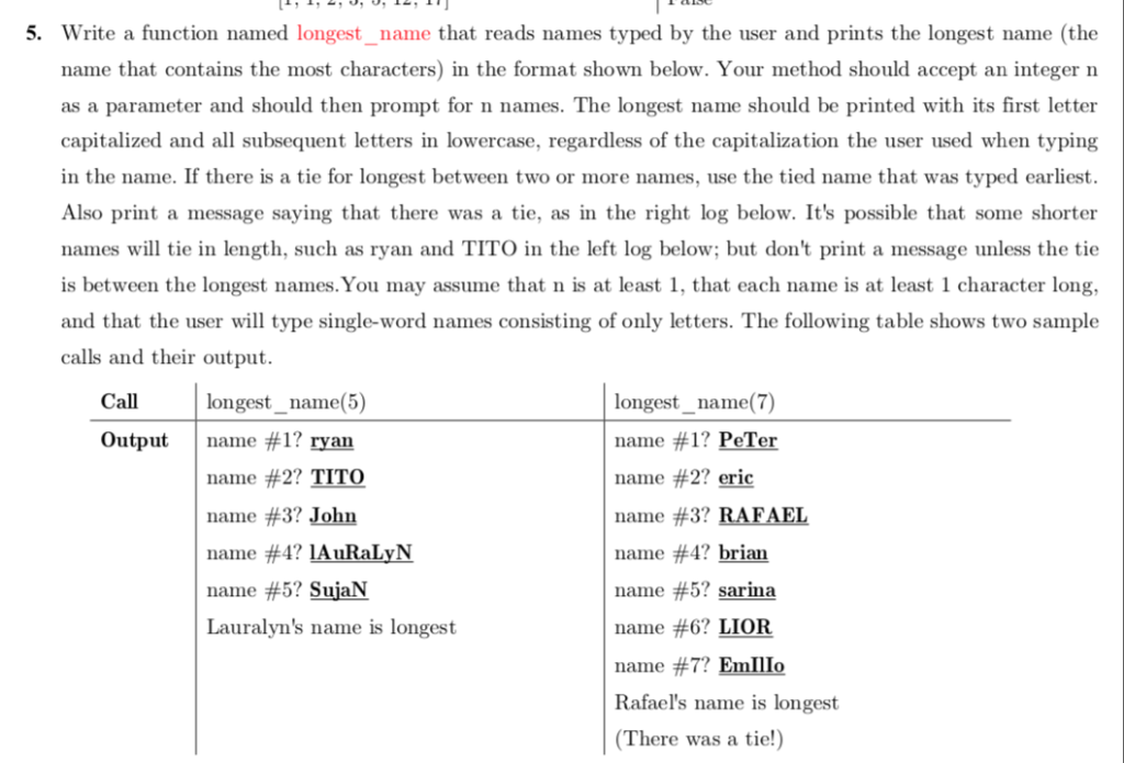 Solved 5. Write a function named longest_name that reads | Chegg.com