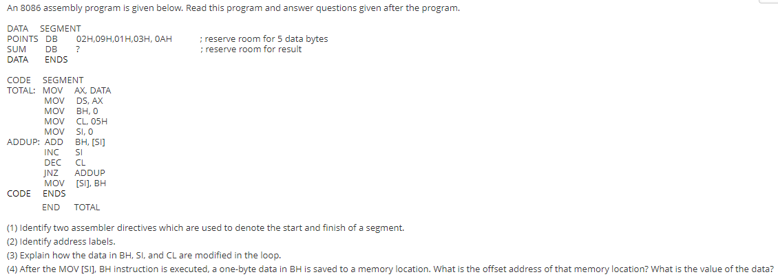 Solved An 8086 assembly program is given below. Read this | Chegg.com
