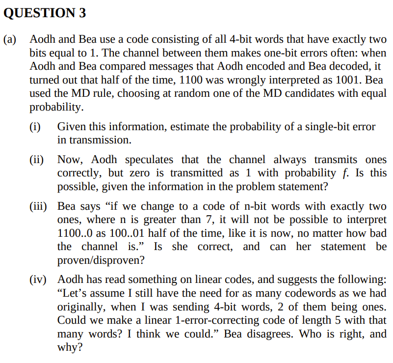 Solved a) Aodh and Bea use a code consisting of all 4-bit | Chegg.com