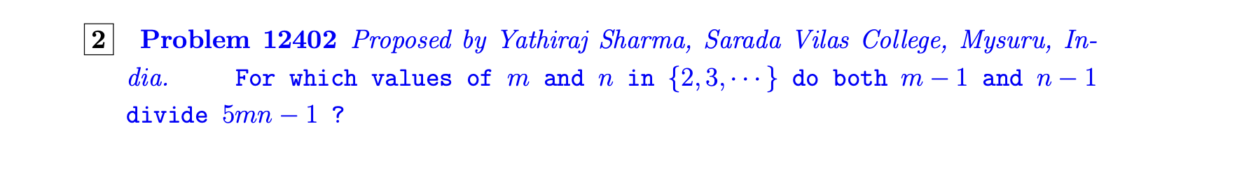 Solved 2 ﻿Problem 12402 ﻿Proposed by Yathiraj Sharma, Sarada | Chegg.com