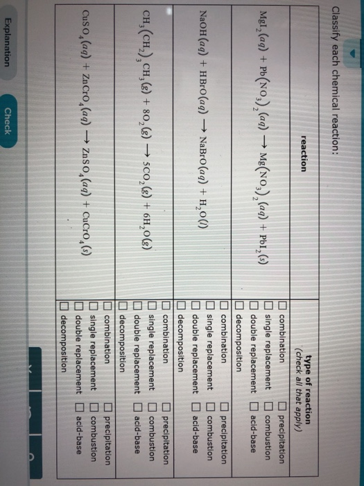 Solved Classify each chemical reaction type of reaction | Chegg.com