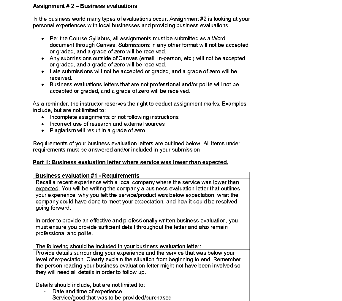 Solved Assignment #2 - Business evaluations In the business | Chegg.com