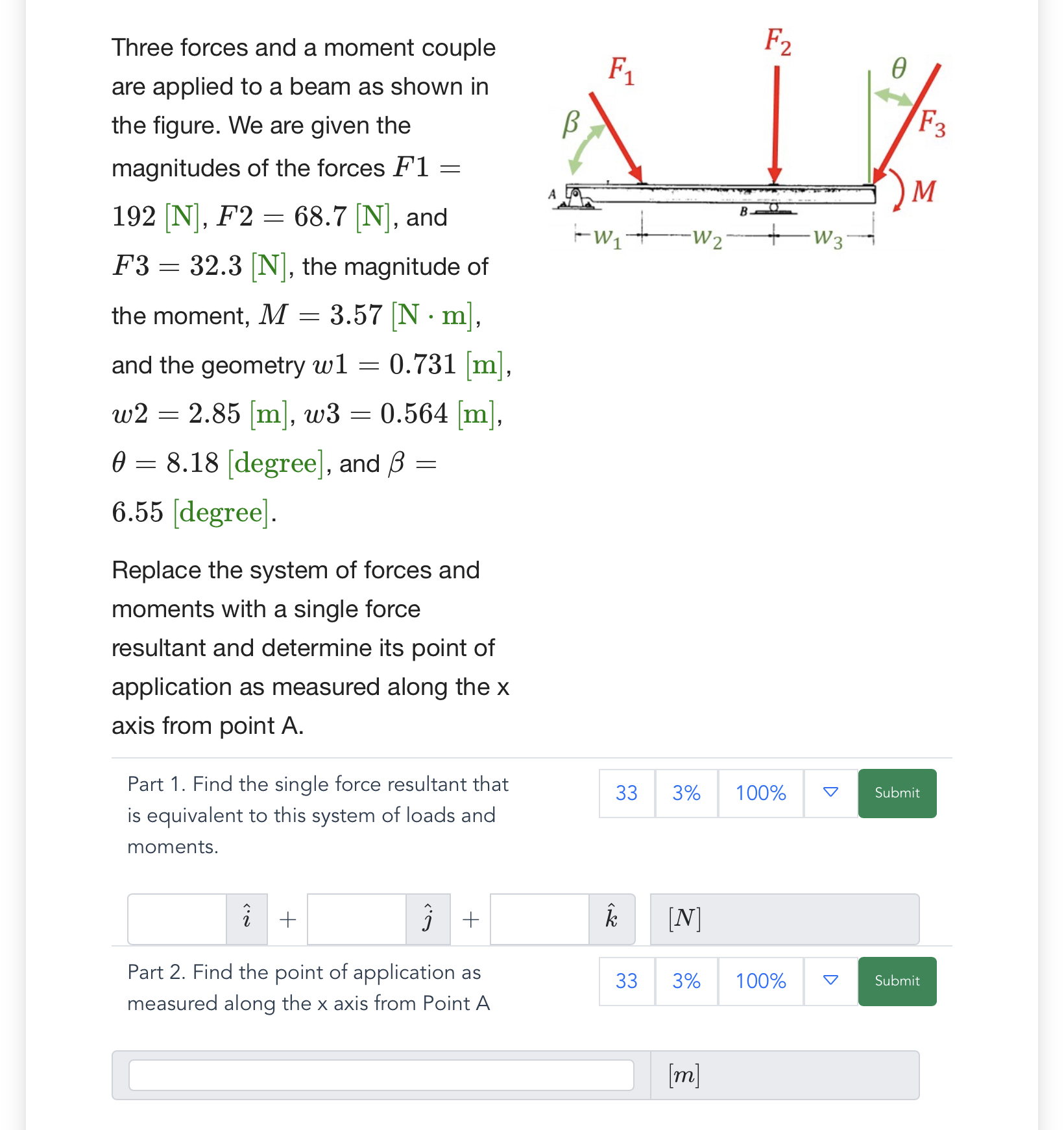Solved Three forces and a moment couple are applied to a | Chegg.com