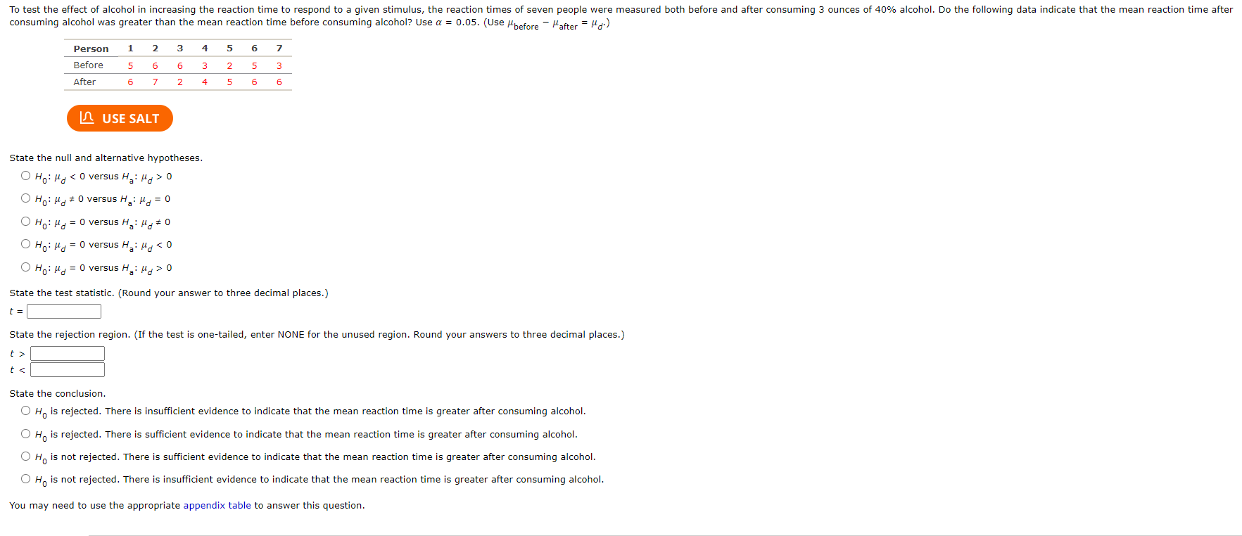 Solved consuming alcohol was greater than the mean reaction | Chegg.com