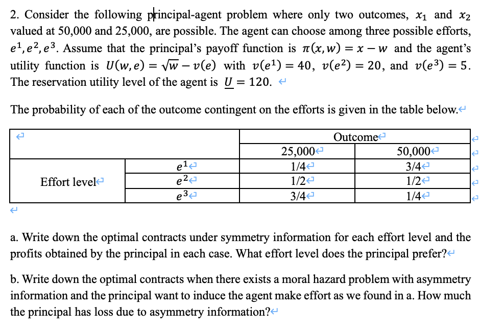 Solved Consider the following principal-agent problem where | Chegg.com