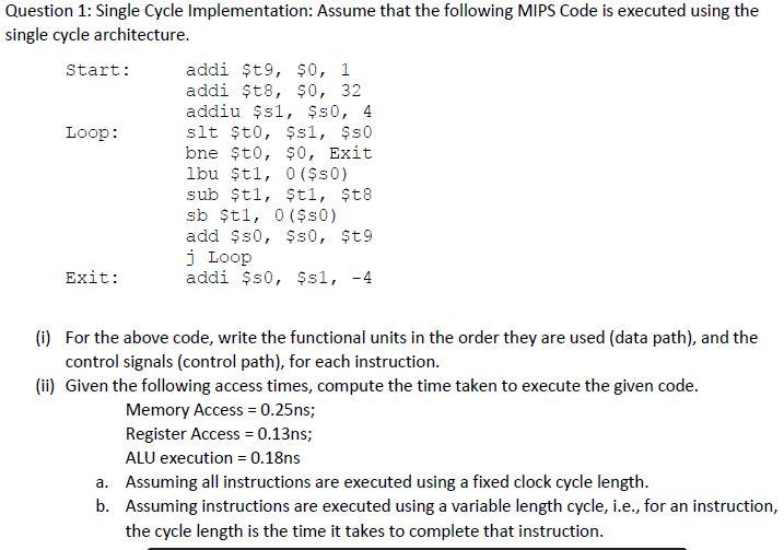 Solved Question 1: Single Cycle Implementation: Assume that | Chegg.com