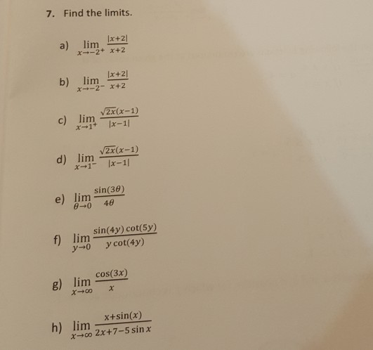 Solved 7. Find the limits. a) lim x--2+ lx+2 x+2 b) lim x+21 | Chegg.com