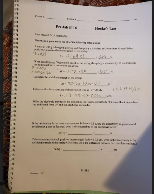 Solved Course Section Name Pre-lab B-16 Hooke's Law Read | Chegg.com