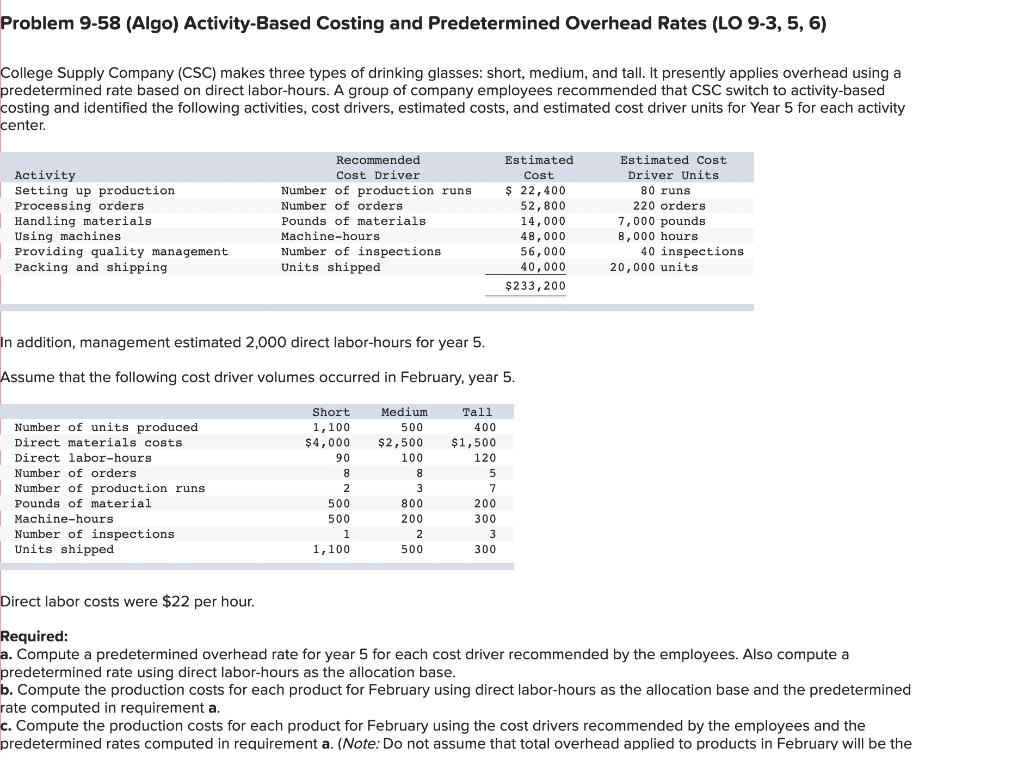 Solved Problem 9-58 (Algo) Activity-Based Costing and | Chegg.com