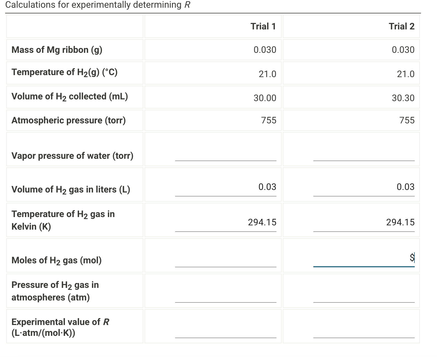 Calculations for experimentally determining R | Chegg.com