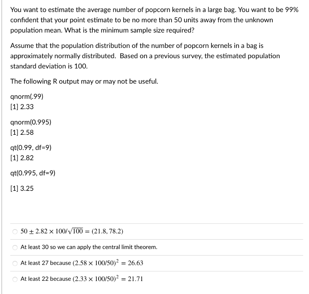 Solved You want to estimate the average number of popcorn | Chegg.com
