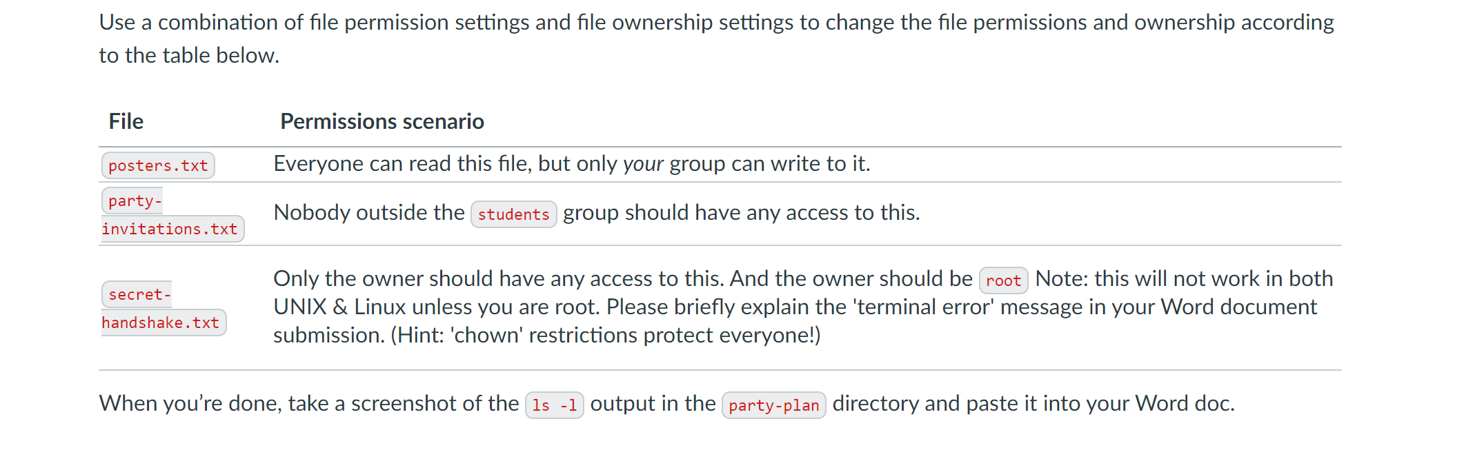 Solved Use a combination of file permission settings and | Chegg.com