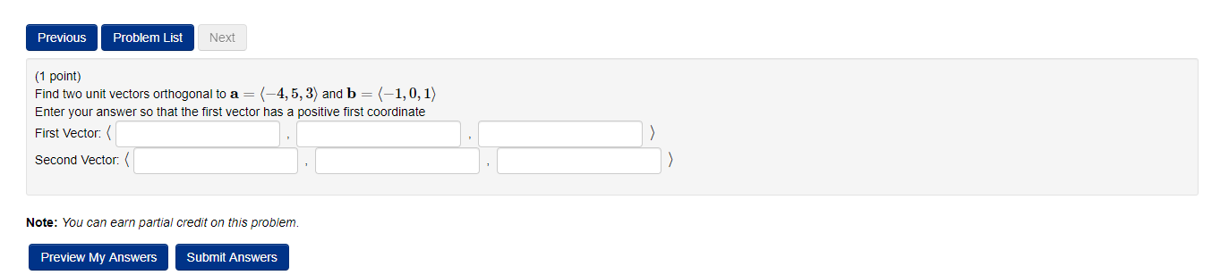 Solved Previous Problem List Next (1 point) Find two unit | Chegg.com