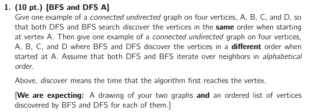 Solved 1. (10 pt.) [BFS and DFS A] Give one example of a | Chegg.com