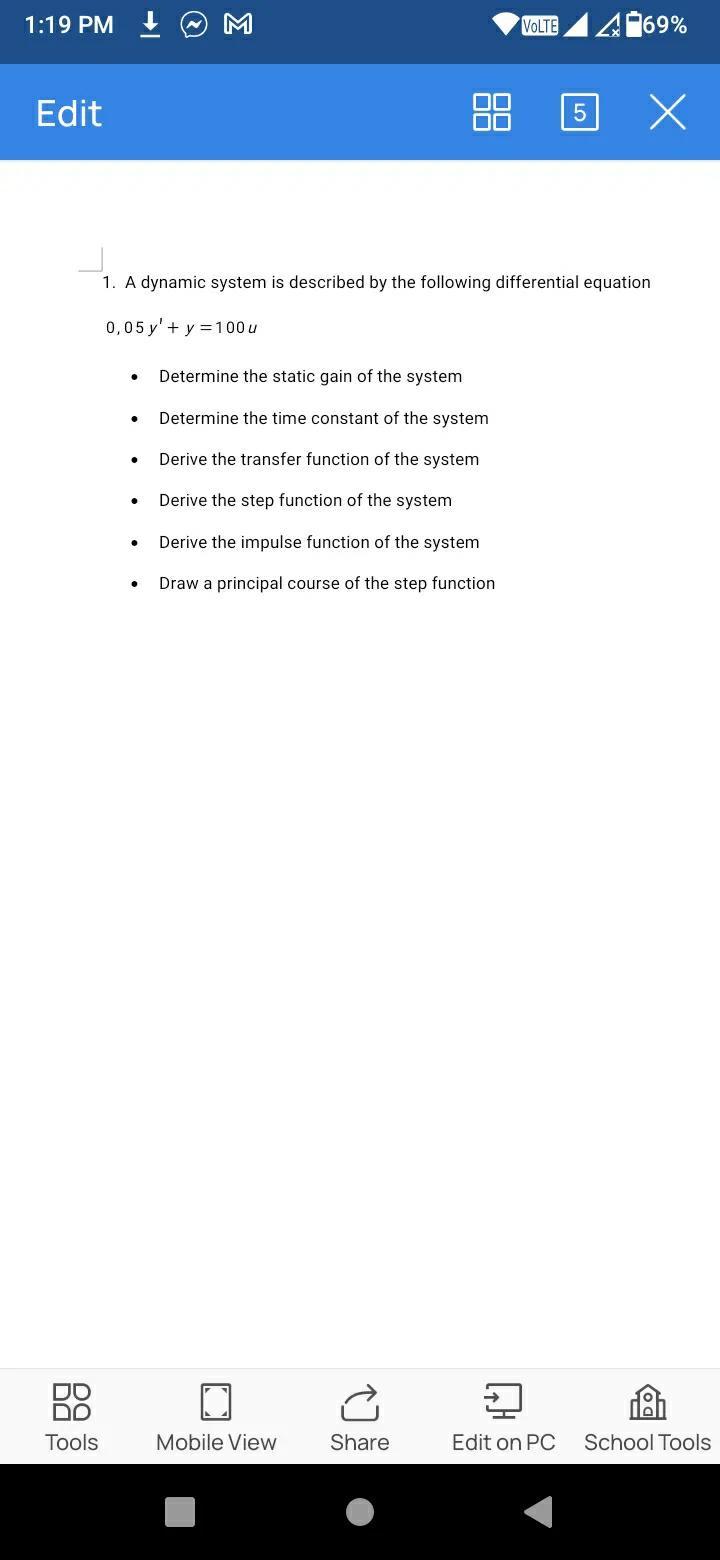 Solved 1:19 PM 1 M VOLTE 69% Edit d! X 1. A dynamic system | Chegg.com
