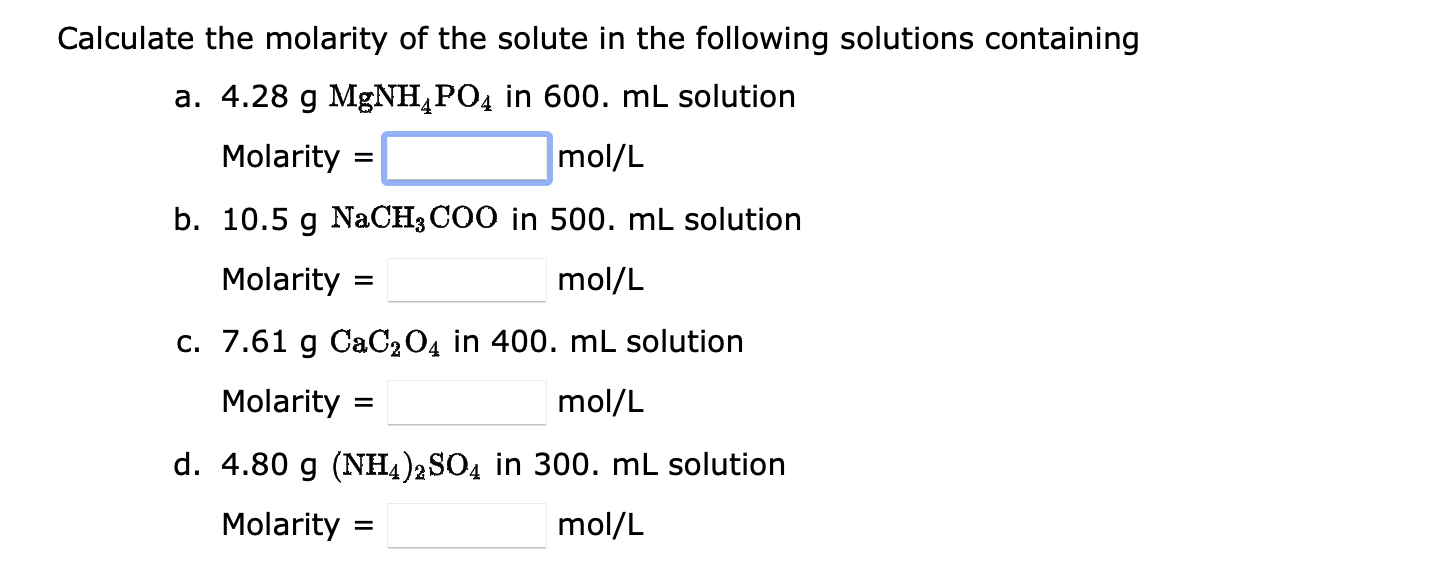 Solved Ilculate the molarity of the solute in the following | Chegg.com